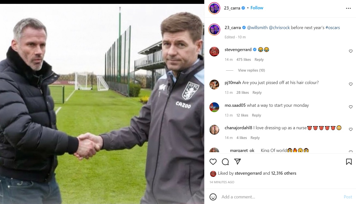 Carragher's hilarious instagram post after Smith Oscars slap