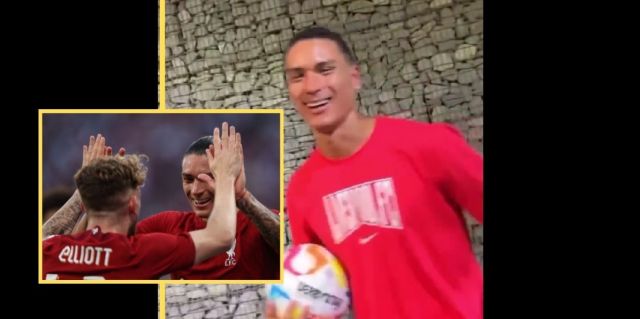 (Video) Elliott wolf-whistles Darwin Nunez after hat-trick hero outing