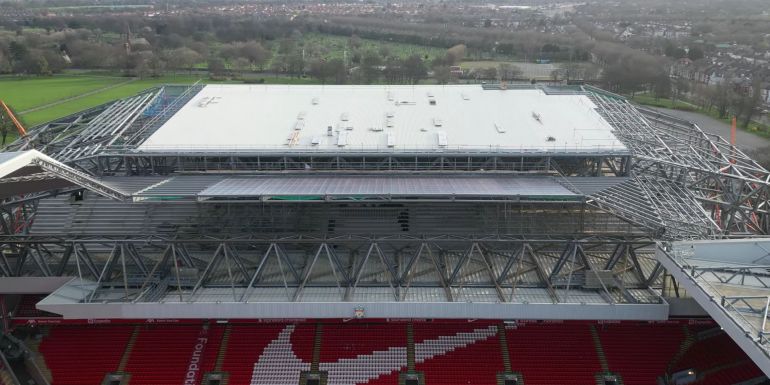 Drone update of the Anfield Road End as first seats are installed