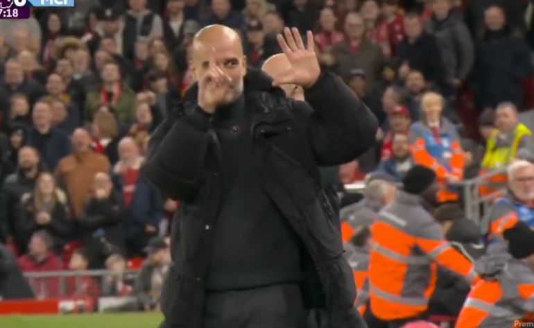 (Video) Guardiola headloss continues with hand gesture to Liverpool fans