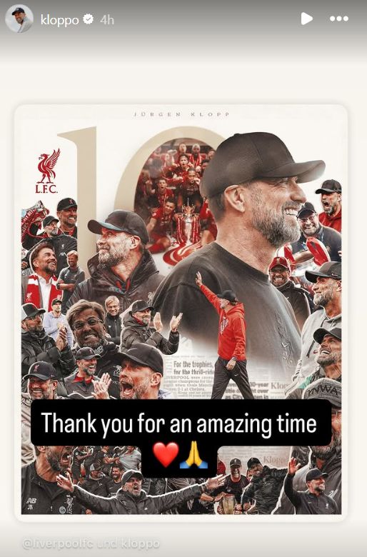 Klopp posts heartfelt Liverpool anniversary message on Instagram